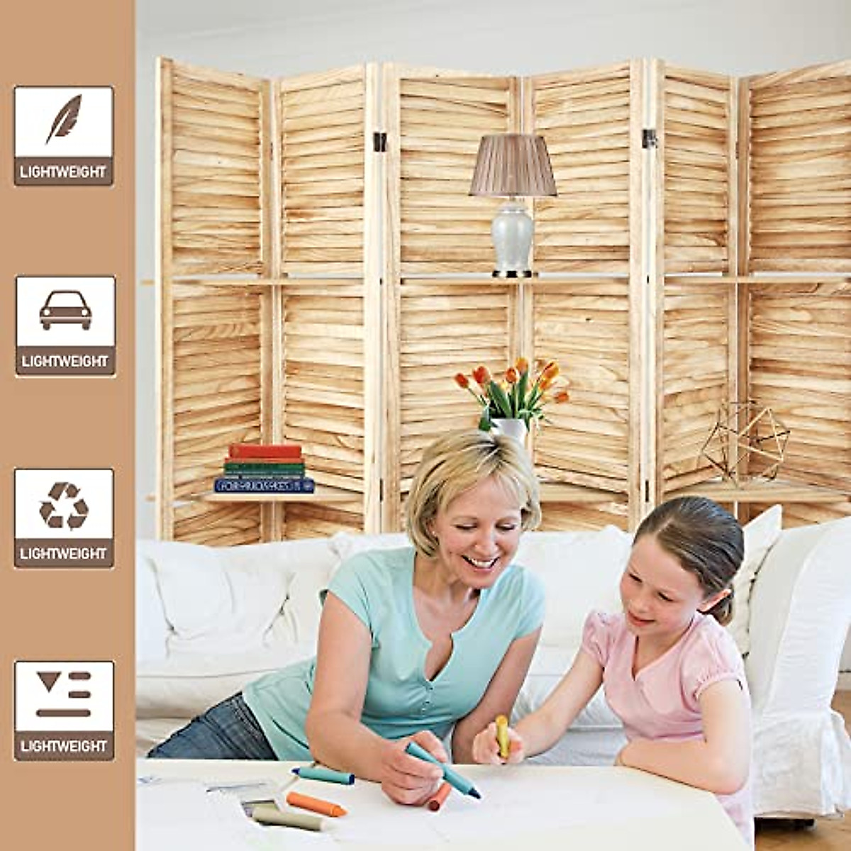 ECOMEX Room Divider 6 Panel, Wood Folding Room Divider Screen, Room Divider with Shelves and Easy Move Partition, Freestanding Room Screen Divider with Display Shelves (Natural Color)