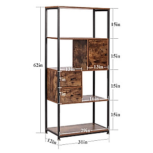 VECELO Bookshelf/Bookcase,Open Book Shelf with Middle Drawers Storage Organizer for Living Room,Home Office