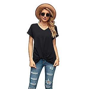 Iandroiy Women's V Neck Short Sleeve Casual Tops Twist Knot Blouse T Shirts (X-Large, Black)