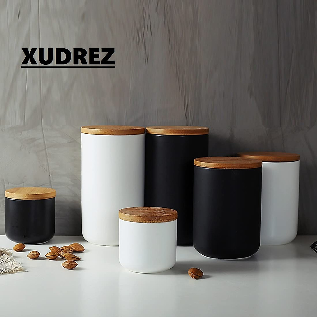 XUDREZ Food Storage Jar - Ceramic Food Storage Jar with Airtight Seal Bamboo Lid, Modern Design Ceramic Food Storage Canister for Loose Tea Coffee Spice Sugar Caddy