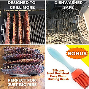 Cataumet BBQ Rib Rack Holder Smoking Rack with Silicone Basting Brush Fits Big Egg Kettle Style Grills Gas Grills Smokers Made with Genuine 304 Stainless Steel