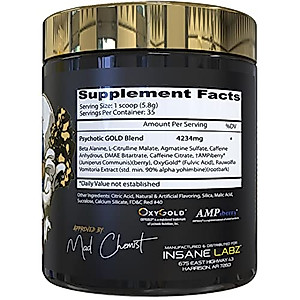 Insane Labz Psychotic Gold, High Stimulant Pre Workout Powder, Extreme Lasting Energy, Focus, Pumps and Endurance with Beta Alanine, DMAE Bitartrate, Citrulline, NO Booster, 35 Srvgs