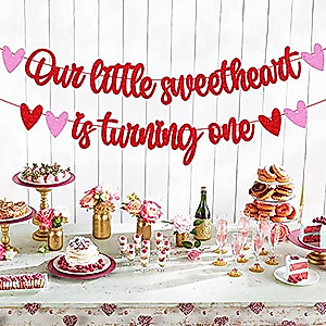 Valentine's 1st Birthday Banner Our Little Sweetheart is Turning One Heart Love Romantic Decorations for 1st One Year Old Kids Boy Girl Happy Bday Party Supplies