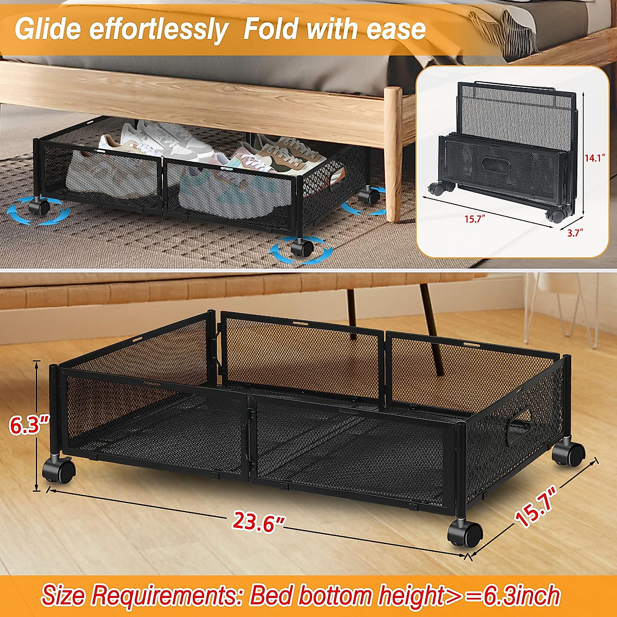 punemi Under Bed Storage with Wheels, 2 Pcs Underbed Storage Containers Rolling Drawers with Handle, 23.6 x 15.7 x 6.2in Tall Metal Under Bed Shoe Organizers for Clothes, Tool-free Assembly Black