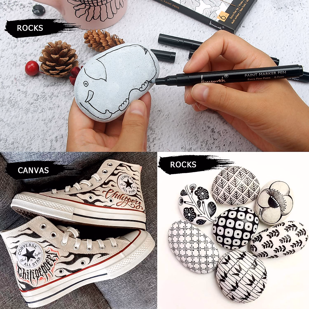 Black Acrylic Paint Pens - Black Paint Pens for Rock Painting, Stone, Ceramic, Glass, Wood, Fabric, Metal, Canvas. Set of 6 Water Based Black Markers for Acrylic Painting Extra Fine Point Tip