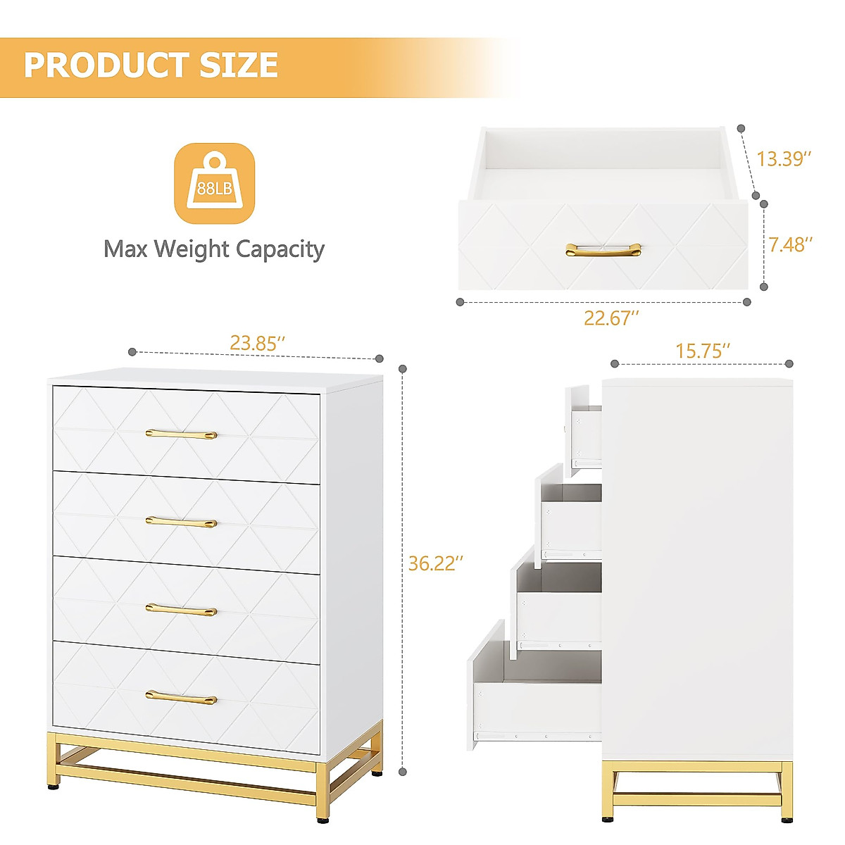 Patikuin 4 Drawer Dresser Dresser for Bedroom Wooden, Chest of Drawers White Dresser with Metal Handle, White Dresser for Bedroom,Living Room,Hallway and Entryway