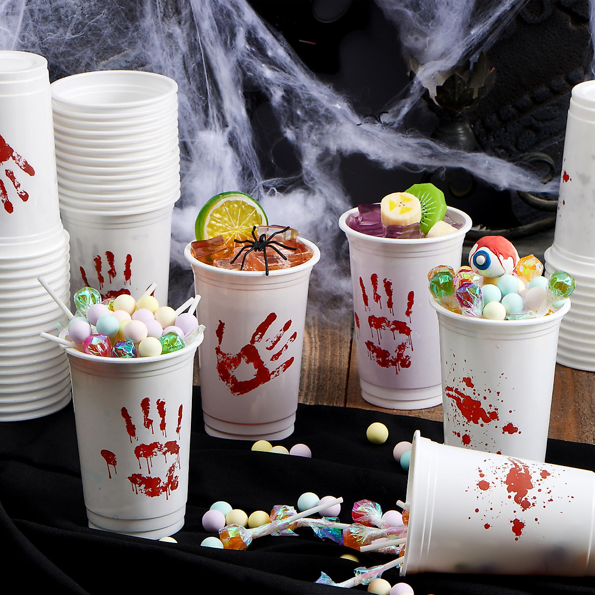 JOYIN 50 PCS Halloween Blood Print Cups Disposable, 12oz Hand Print Plastic Cups bulk, Party Favors for Party Supplies, Halloween Cups for Kids Party Decoration, Coffee, Juice Beverages Drinkware