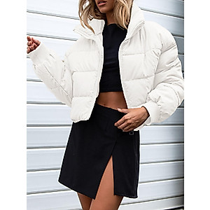 MEROKEETY Women's Winter Cropped Puffer Jacket Long Sleeve Oversized Stand Collar Zip-Up Short Down Coat
