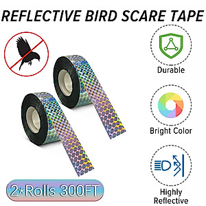 MP mypole Bird Scare Tape Ribbon, 2 * 300 Foot Reflective Tape Ribbon for Birds Woodpecker Scare Reflective Flash Tape Scare Birds Away for Outdoor, House, Garden, Patio, Orchard