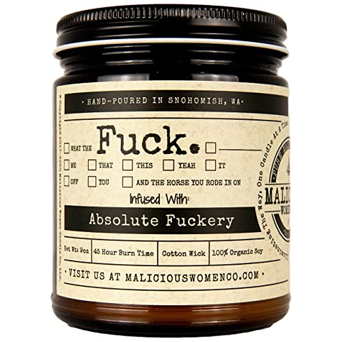 Malicious Women Candle Co - All The Fucks, Oakmoss & Amber Infused with Absolute Fuckery, All-Natural Soy Candle, 9 oz
