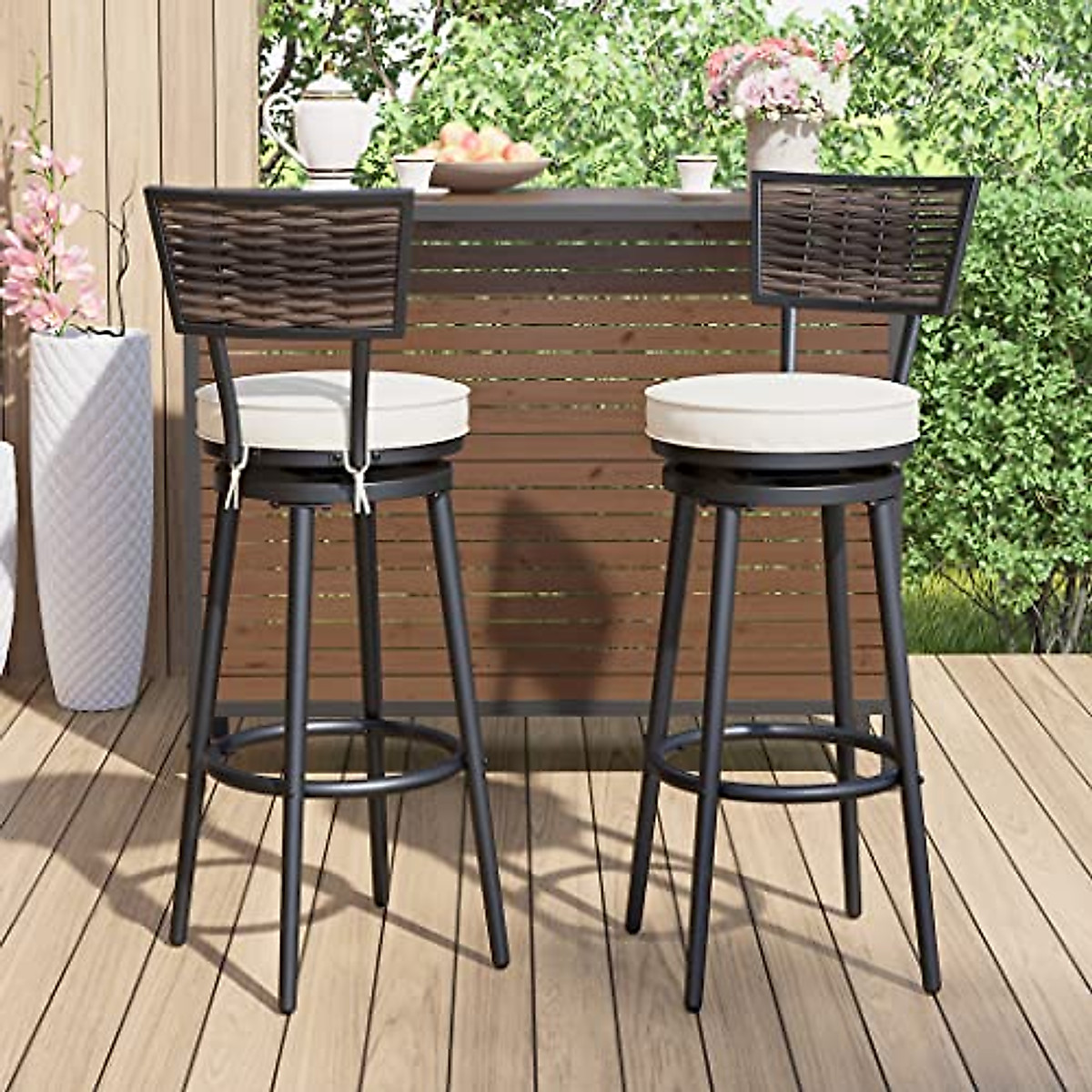 PatioFestival Patio Swivel Bar Stools Outdoor Bar Height Chairs Armless Rattan Back All-Weather Patio Furniture with Cushion,2 Pack