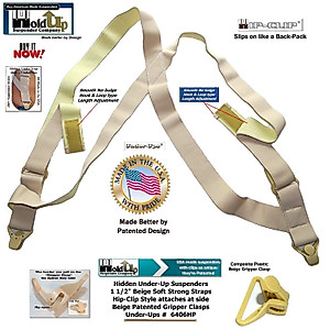 Holdup Tan 1 1/2" Hip-Clip Style Under-Ups Suspenders for Men with the Patented Composite plastic Gripper Clasps