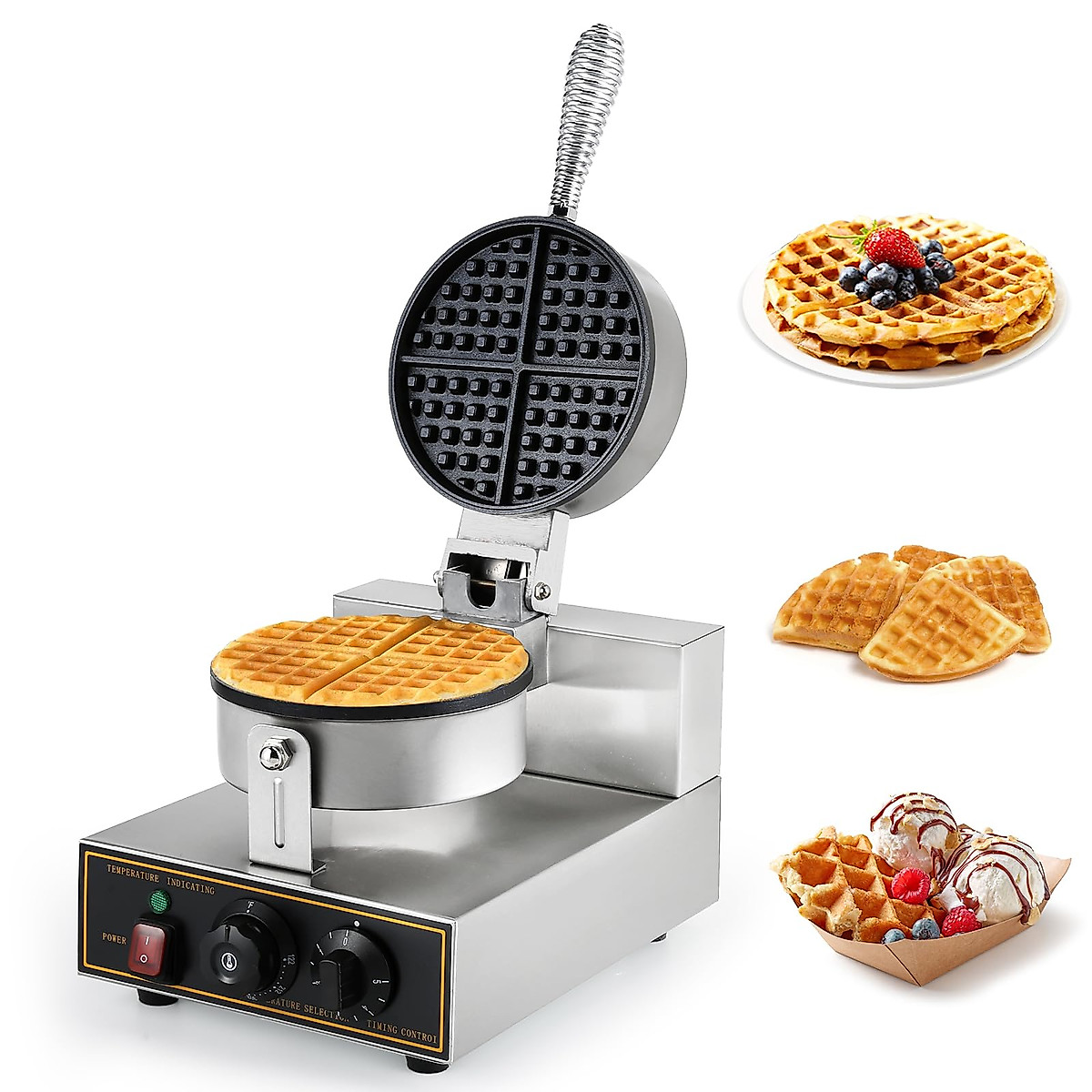 Dyna-Living Waffle Maker Commercial Waffle Maker Machine 110V 1200W Non-stick Waffle Iron Maker Stainless Steel Round Commercial Waffle Maker for Restaurant