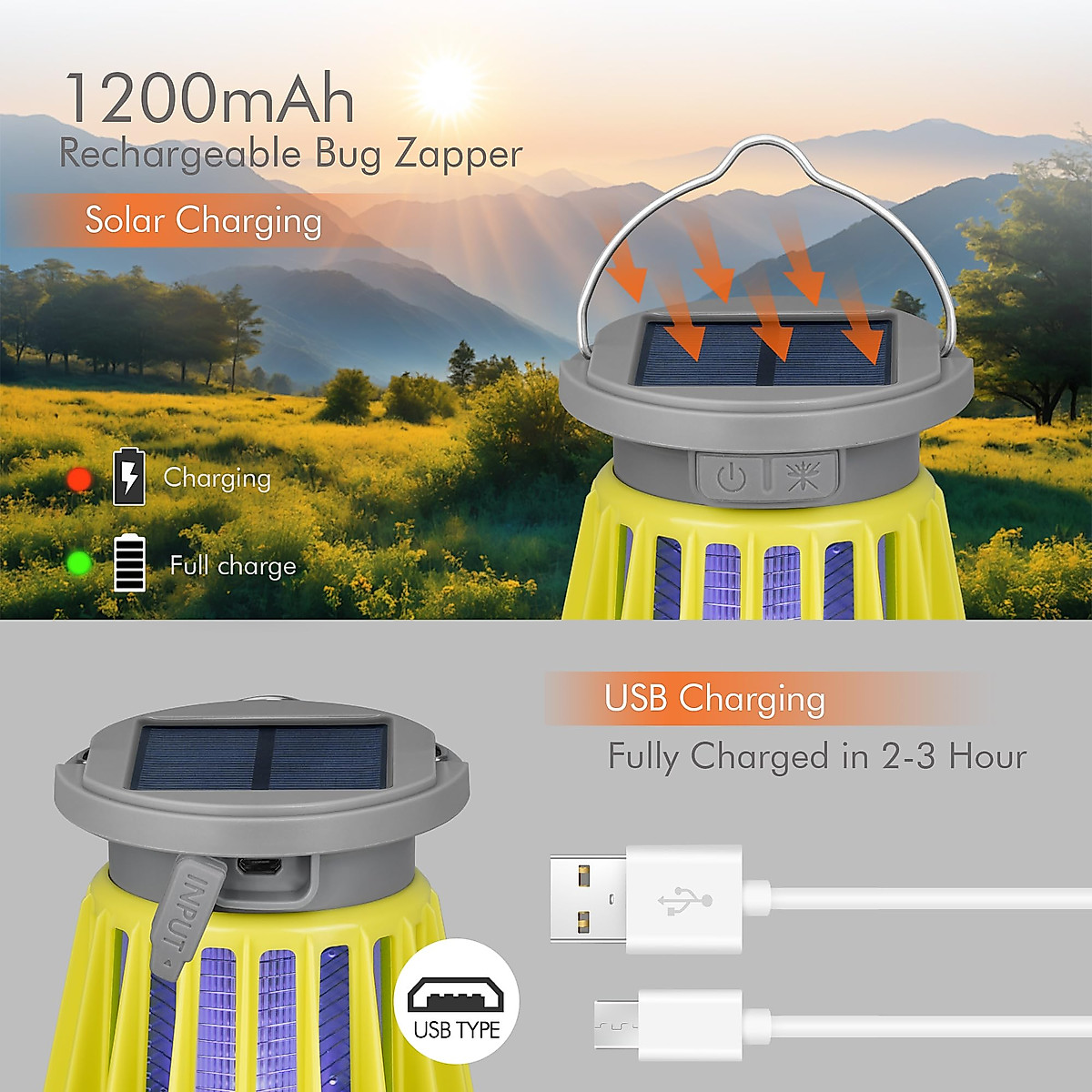 Solar Bug Zapper Outdoor Waterproof, Portable Mosquito Zapper, 2-in-1 Cordless & Rechargeable Bug Zapper with LED Light for Home, Camping, Patio, Yard, Pool (Green-1Pc