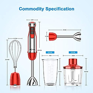 Makoloce Hand Blender 800W 12-Speed 5-in-1 Immersion Blender Handheld Stick Blender Stainless Steel With Whisk, Milk Frother, Chopper, Grinder Bowl & Measuring Cup for Smoothie, Baby Food & Sauces Red
