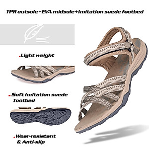 GRITION Women Hiking Sandals Girls Outdoor Sport Water Shoes Summer Flat Cross-Tied Sandals Open Toe Adjustable Walking Shoes Black Pink Gray Sand (9 US/39 EU, Coffee/Sand)