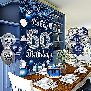 60th Birthday Decorations for Men Navy Blue Silver Happy 60th Birthday Door Banner Cover and 18Pcs Blue Silver 60th Birthday Balloons for Men Women 60th Birthday Party Decorations