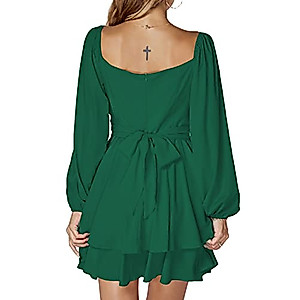 LYANER Women’s Lantern Long Sleeve Wrap Tie Back Square Neck Double Layer Ruffle Hem A Line Short Mini Dress Green Medium