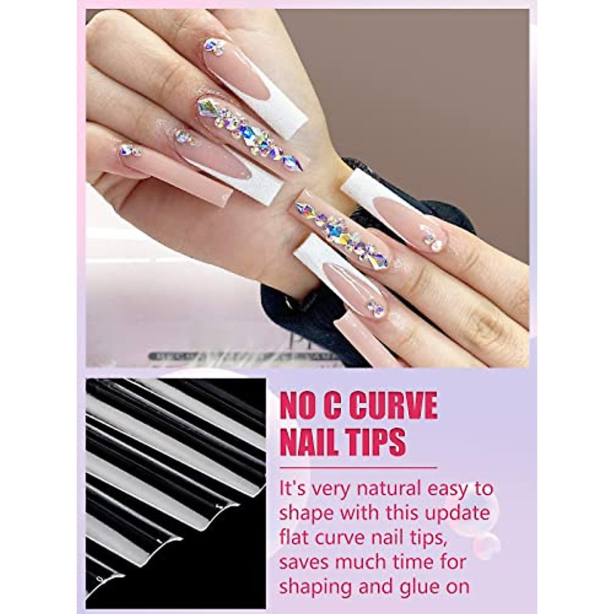 LIONVISON 504PCS NO C CURVE Clear Nail Tips for Acrylic Nails Professional, 3XL Extra Long Flat Tapered Square Nail Tips, 12 Sizes Half Cover Straight French Fake Nail Tips for Nail Salons Home