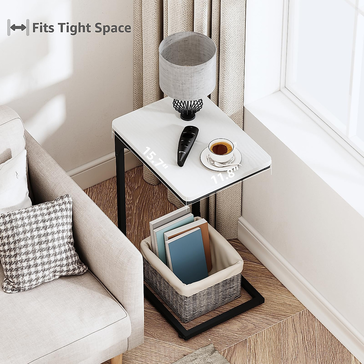 QEEIG C Table Side Table Set of 2 Living Room Sets C Shaped Couch Tray End Tables Modern, Black and White (017-30WB)