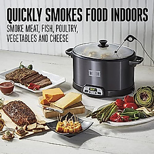 WESTON BRANDS 2-in-1 Indoor Electric Smoker & Programmable Slow Cooker, 6 Quart, With 3-Tier Smoking Rack for Meat, Cheese and More, Dishwasher Safe Crock, Temperature Probe, Black (03-2500-W)