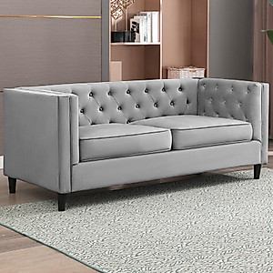 Mjkone Velvet Sofa 69'' W, Compact Loveseat Couch with Solid Wood Legs, Button Tufted Futon for Small Spaces, Mid-Century Modern Style Big 2 Seat Couch for Living Room, Apartment, Office - Dark Gray