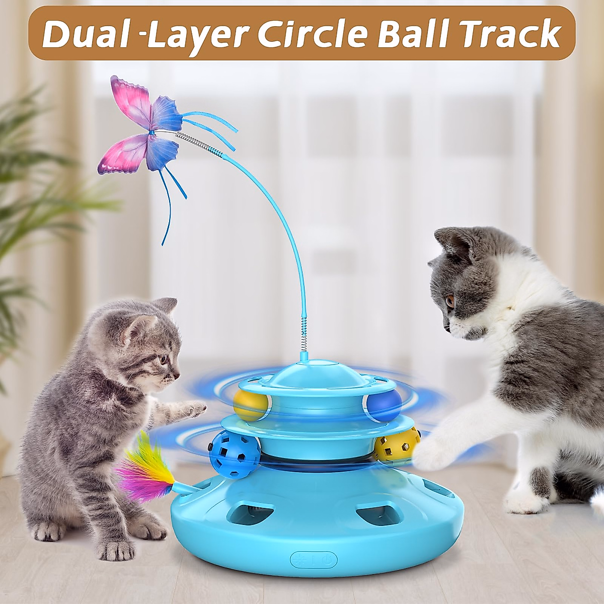Cat Toys, 4-in-1 cat interactive toy for indoor Rechargeable Automatic with Fluttering Butterfly Random Moving Ambush Feather 2-Tier Track Balls for Bored Indoor Adult Cats Kittens All Breeds