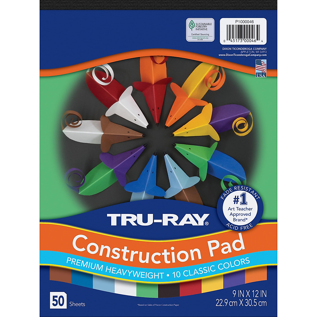 Tru-Ray® Heavyweight Construction Paper Pad, 10 Assorted Colors, 9" x 12", 50 Sheets