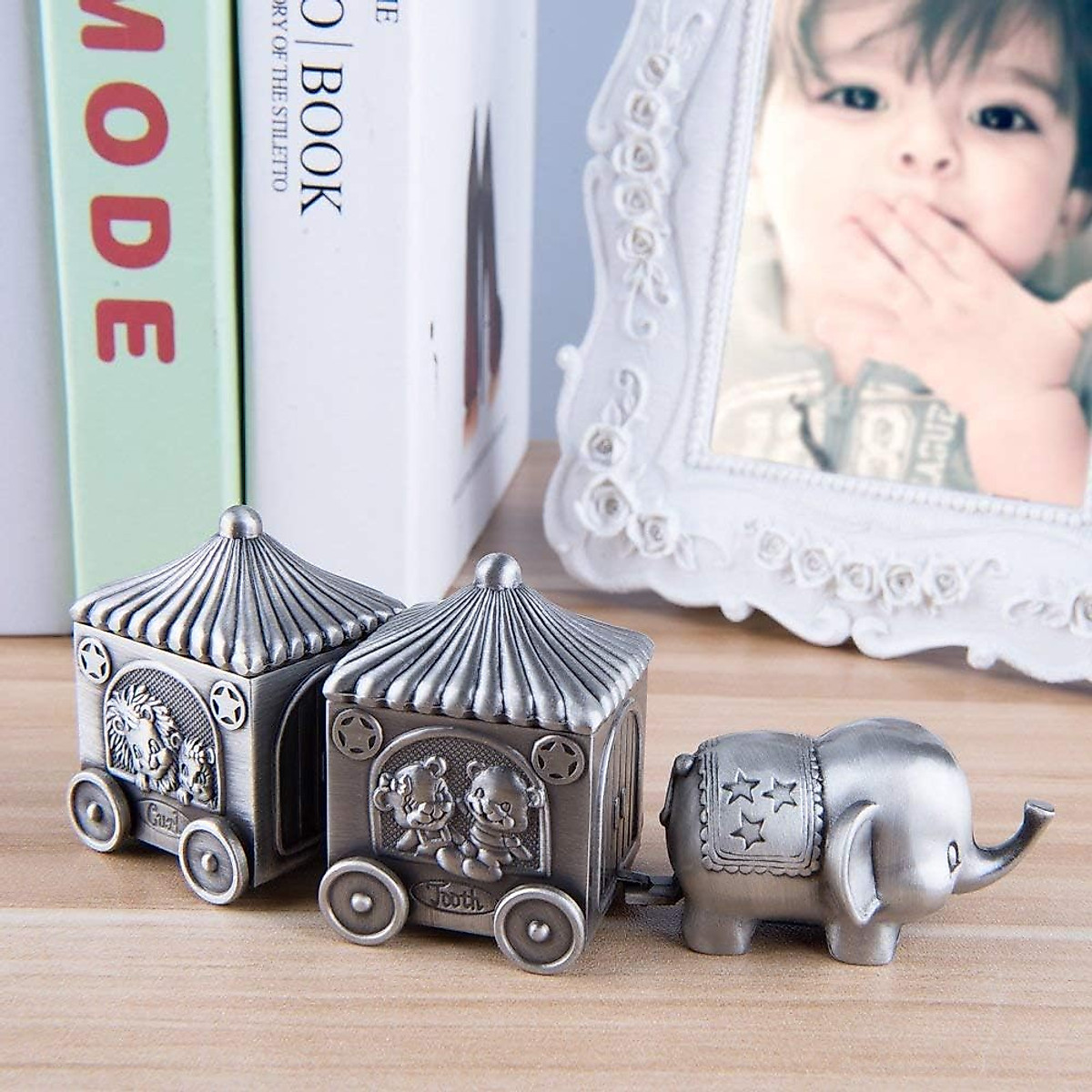 Feyarl First Curl and Tooth Elephant Keepsake Box Teeth Fairy Organizer Containter Tins Box for Christmas Kids Shower Newborn Birthday Gift