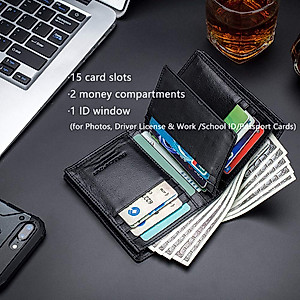 BULLCAPTAIN RFID Blocking Bifold Wallet For Men Genuine Leather Extra Capacity Travel Wallet with 2 Cash Compartments QB027 (Black)