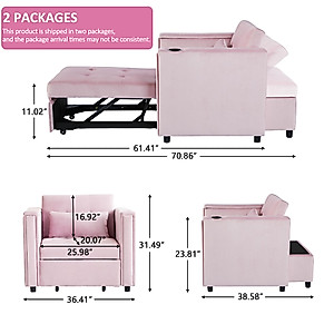 weselon Velvet Convertible Chair Bed, 3 in 1 Multi-Functional Lounge Chair Sleeper, Pull Out Couch Guest Bed with Hidden Table and Adjustable Backrest for Living Room Small Space Apartment (Pink)