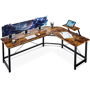 Coleshome Reversible L Shaped Desk 59" Sturdy L Shaped Gaming Desk with Monitor Stand, L Desk for Gaming & Home Office, Space Saving Corner Desk Easy to Assemble, Vintage