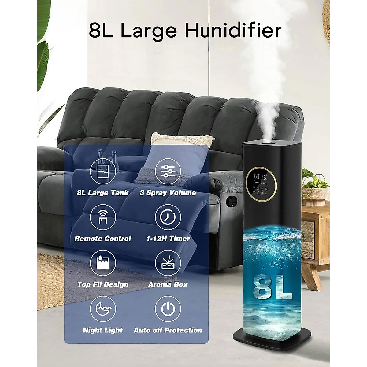 Humidifier Large Room Bedroom with Night Light, 2.1Gal(8L) Humidifiers for Home with Essential Oil Diffuser, Top Fill Whole House Cool Mist Humidifiers for Plants Baby Kids Adults(Black)