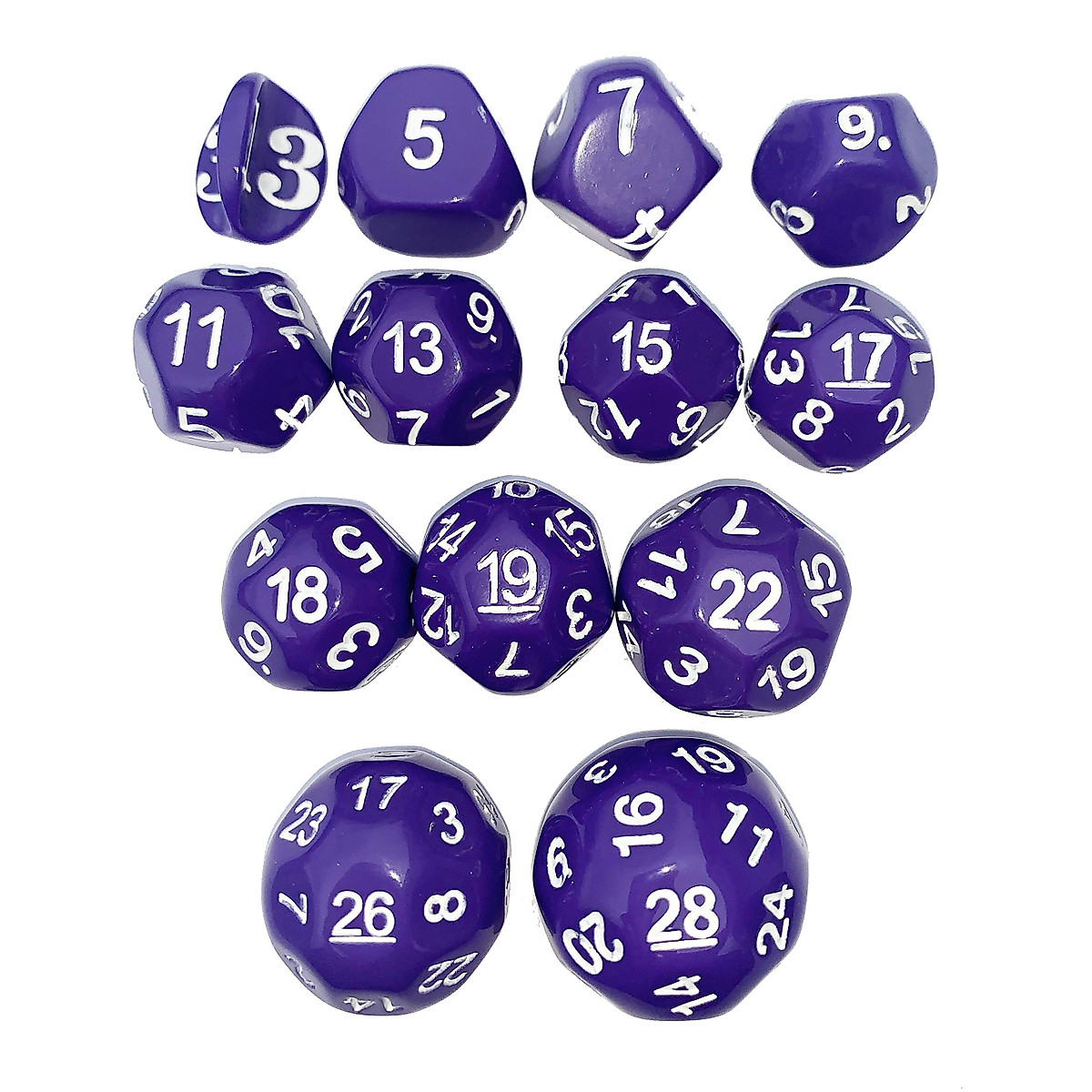 Impact! Miniatures Purple - Weird RPG Poly Dice Set - D3, D5, D7, D9, D11, D13, D15, D17, D18, D19, D22, D26 & D28