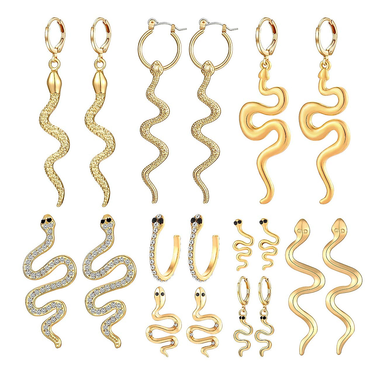 ZITULRY 9 Pairs Snake Earrings Charm Huggie Hoop Earrings Set Punk Rhinestone Serpent Drop Dangle Stud Earrings Minimalist Crystal Long Snake Earrings for Women Girls Jewelry Gift,Gold