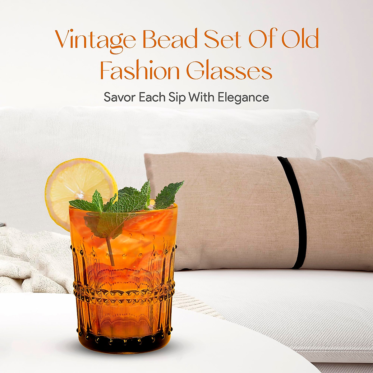 Vintage Old Fashion Whiskey Glasses, 10 Oz, Romantic Water Tumblers, Barware Glasses for Scotch, Bourbon, or Cocktails, Embossed Amber Beaded Glasses-Set of 4