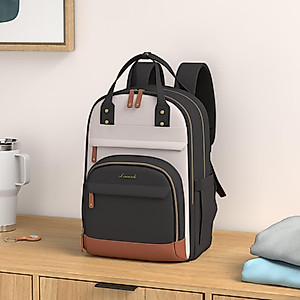 LOVEVOOK Laptop Backpack for Women, Fashion Travel Work Anti-theft Bag with Lock, Business Computer Backpacks Purse, College School Student Bookbag, Fits 15.6 Inch Laptop, Beige-Black-Brown