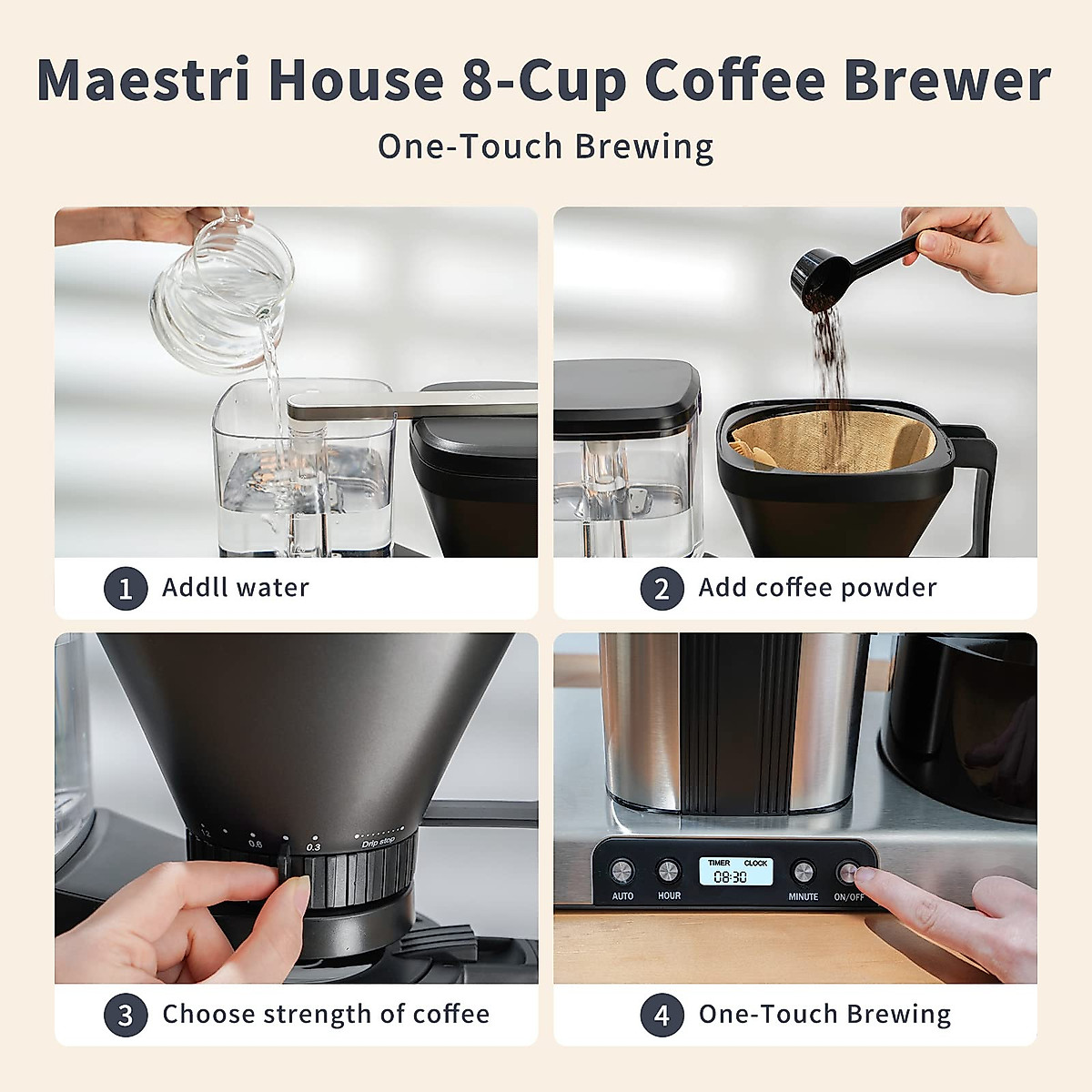 Maestri House Coffee Maker, 8-Cup Drip Coffee Machine with Stainless Steel, One-Touch Brewing and Adjustable Strength, Automatic Start, Glass Carafe and Keep Warm Plate, 1.2L Large Capacity Water Tank