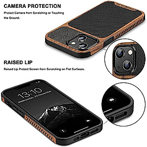 TENDLIN Compatible with iPhone 14 Plus Case Wood Grain with Carbon Fiber Texture Design Leather Hybrid Slim Case Black