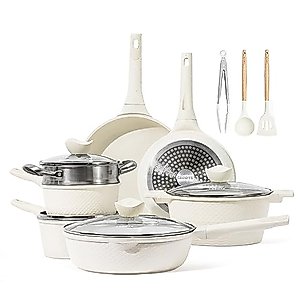 CAROTE 14 Pcs Nonstick Cookware Sets, Pots and Pans Sets Kitchen, Cooking Pots White Induction Non Stick Set w/Frying Pans & Saucepans(PFOS, PFOA Free)