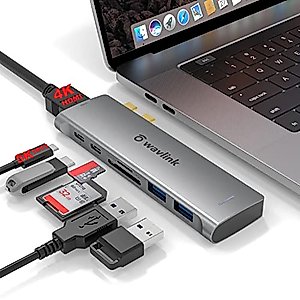 WAVLINK USB C Hub, 7-in-2 Type C Adapter Mini Docking Station with Thunderbolt 3 USB C Port, 4K HDMI, 2 USB 3.0, SD/TF Card Reader, 100W PD for MacBook Pro 2016-2020 MacBook Air 2018-2020