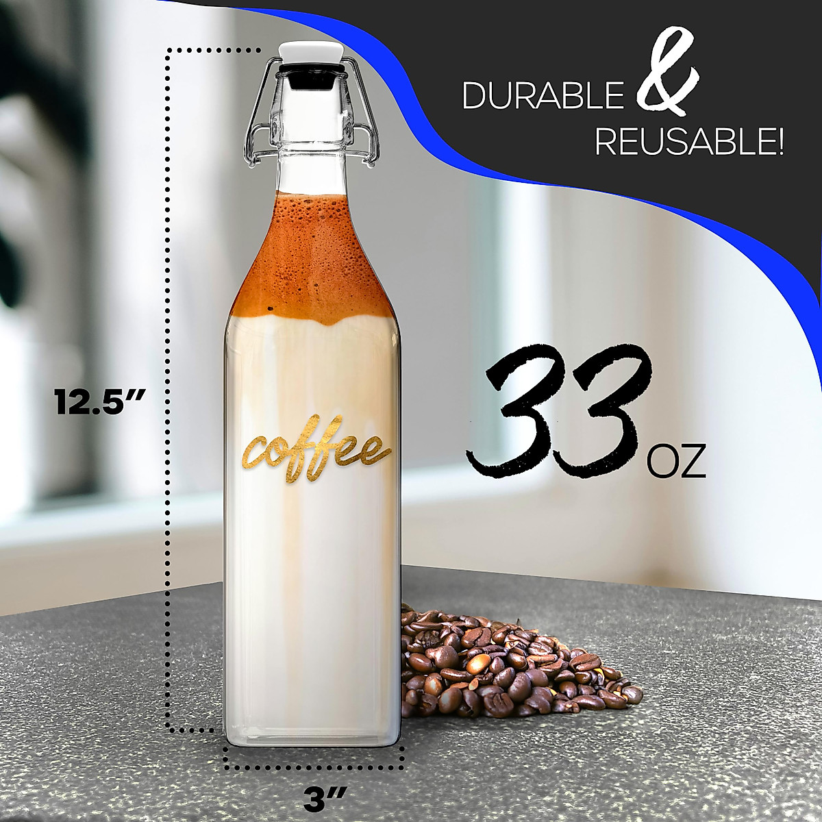 Nevlers 33 Oz Square Swing Top Glass Bottles with Lids for Juicing | Limoncello Bottles | 6 Pack Glass Airtight Bottle | Flip Top Glass Bottle With Stopper | Mead & Beer Brewing Bottles with Caps