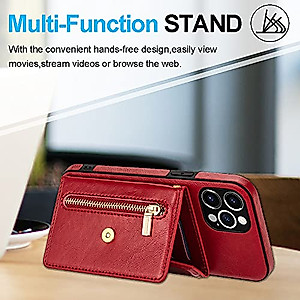 KUDEX Wallet Case for iPhone 13 Pro Max,Slim Fit Card Holder Case with Crossbody Strap Leather Magnetic Handbag Protective Folding Case Cover for Women Girl for iPhone 13 Pro Max 6.7" 2021(Red)