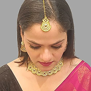 Efulgenz Crystal Rhinestone Choker Necklace Earrings Maang Tikka Head Chain Wedding Indian Jewelry Set for Women gold
