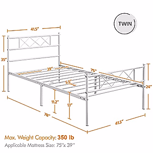 Yaheetech Metal Bed Frame Platform with Headboard and Footboard Mattress Foundation No Box Spring Needed Under Bed Storage Strong Slat Support Twin Size White