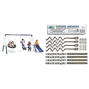 XDP Recreation Swingin' More Fun - Outdoor Backyard Playground Kids Swing Set. White/Blue & XDP Recreation 70113 Swing Set, Trampoline & Patio Furniture Metal Ground Anchor Kit Hardware, Bronze