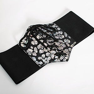 GRACE KARIN Women Lace-up Corset Belt Elastic Wide Belt Shiny Sparkly Belt for Renaissance Faire Costume(Black-Shiny,XL)