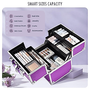 Frenessa Makeup Train Case Cosmetic Box Organizer Storage Portable 4 Trays Jewelry Storage Organizer with Lockable Dividers for Makeup Artist, Crafter, Makeup Tools Traveling Makeup Case Purple