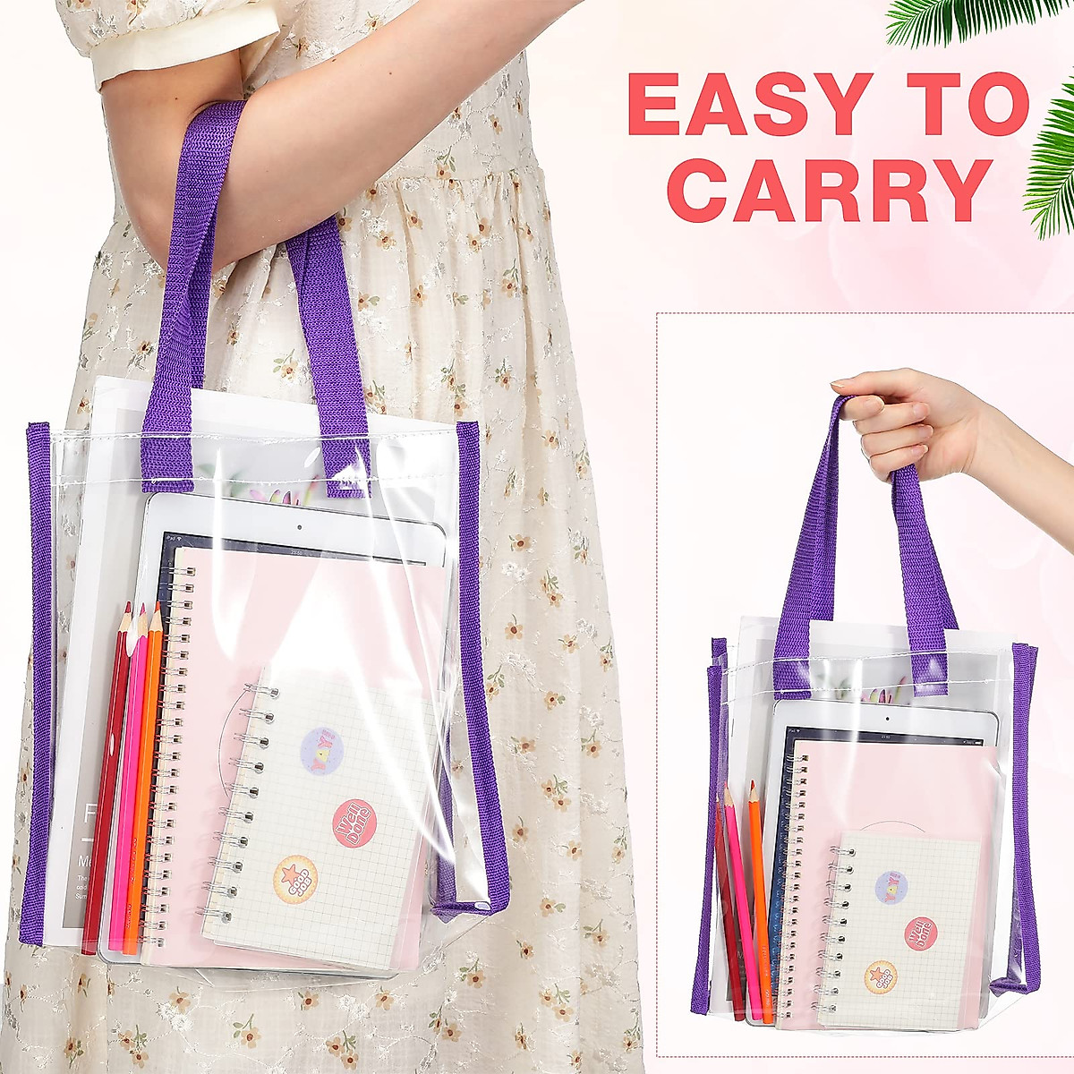 20 Pack Clear PVC Bags Stadium Approved Clear Tote Bag with Handle Reusable Clear PVC Gift Bags Tote Bags for Shopping Wedding Baby Shower Party, 10 x 10 x 4 Inch