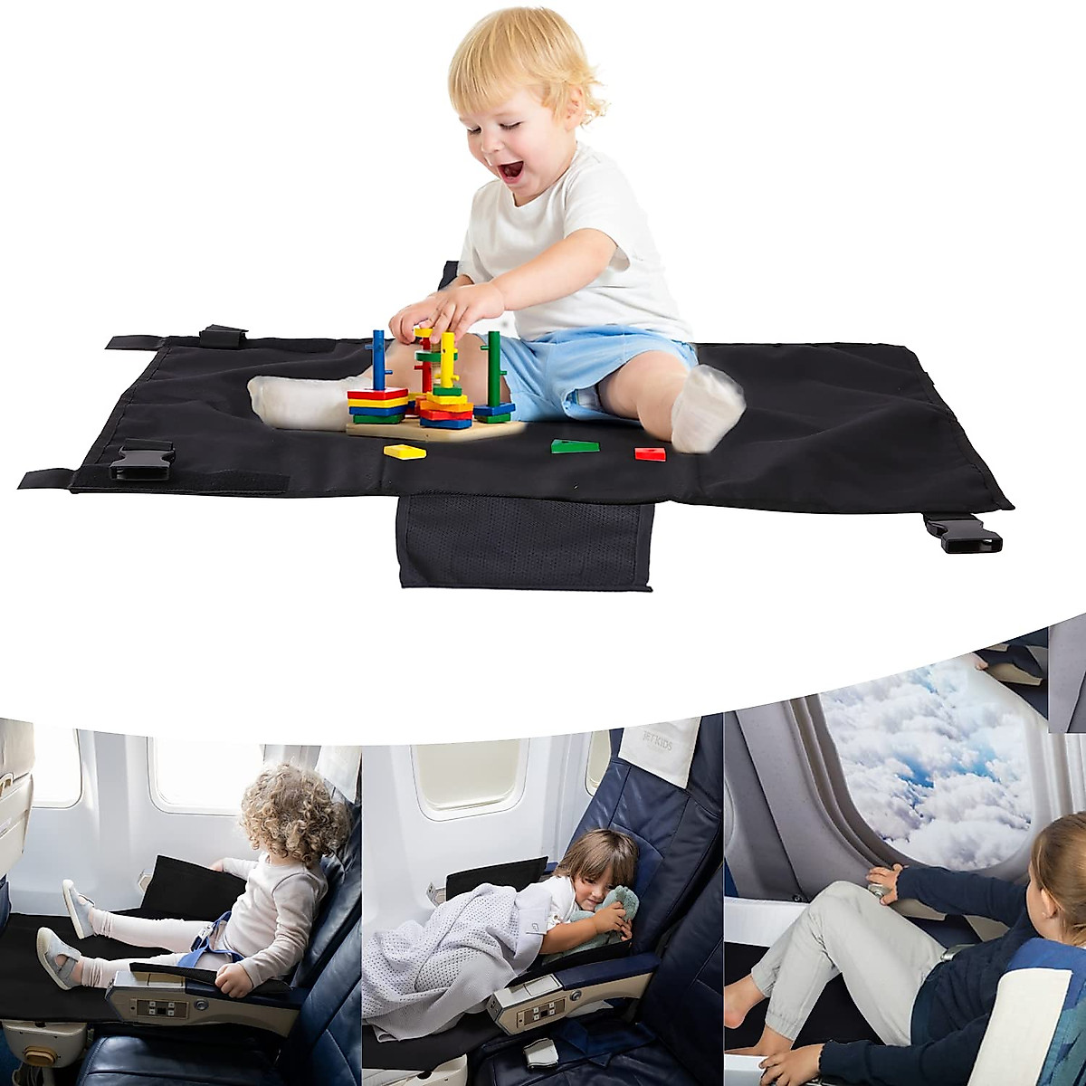 Airplane Seat Extender for Kids Toddler Airplane Bed Airplane Travel Essentials Airplane Footrest Leg Rest for Children to Lie Down on The Plane (Black)